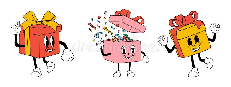 Set of Three Cute Cartoon Box Gift Characters. Happy and Cheerful ...