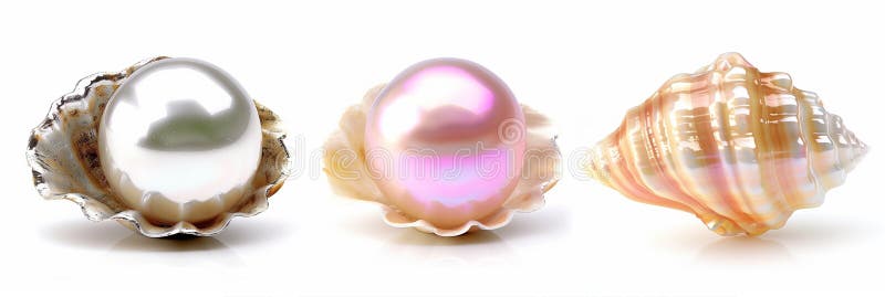 A Set of Three Different Types of Pearls in Shells Isolated on a White ...