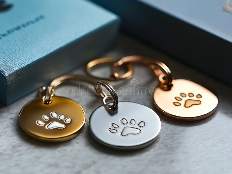 A Set of Three Dog Paw Prints on a Keychain Next To a Blue Box Stock ...