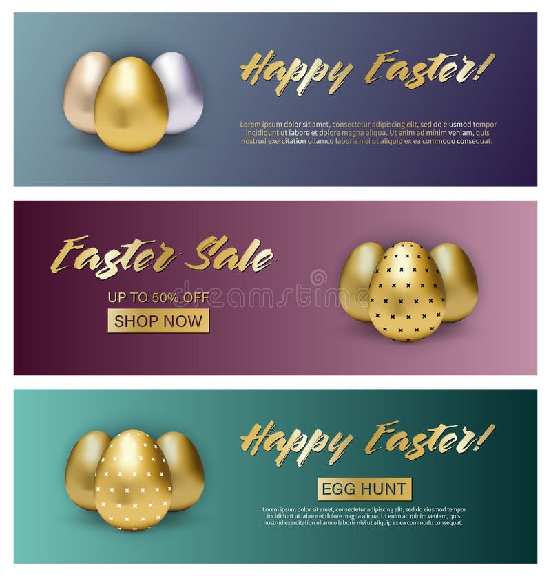 Set of Three Easter Banners on Gradient Background with Metallic Eggs ...