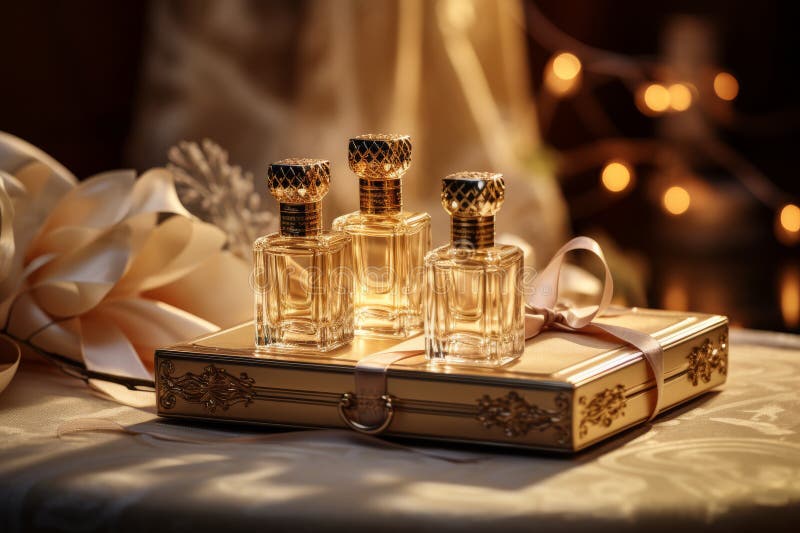 Set of Three Elegant Perfume Bottles with Gold Caps, Placed on a ...