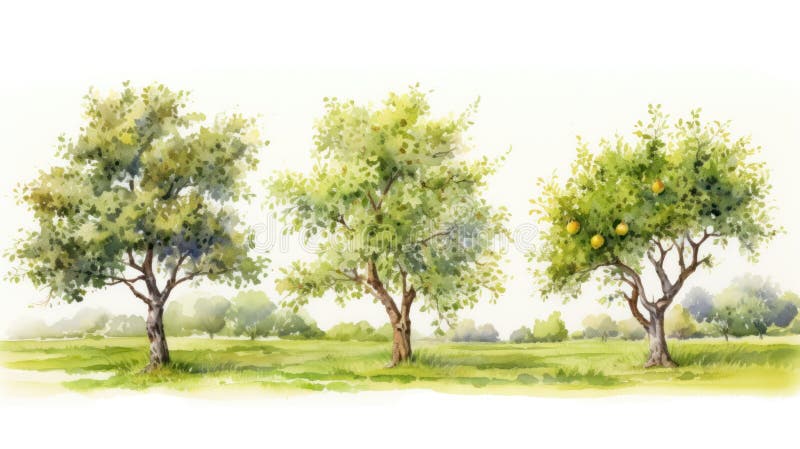 Set of Three Elegant Watercolor Orchard Trees AI Generated Stock ...