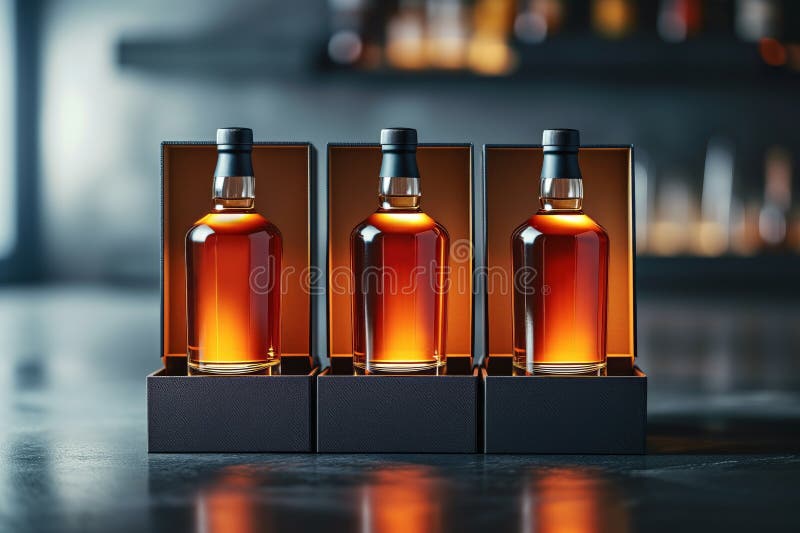 Set of Three Elite Alcohol Bottles in Boxes Stock Illustration ...