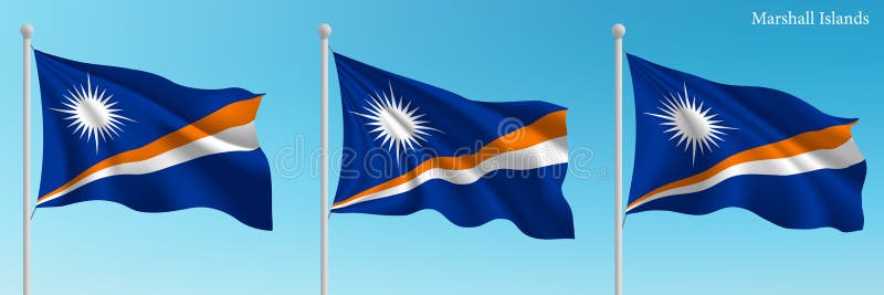 Set of Three Flags of Marshall Islands Waving on Flagpoles Stock ...