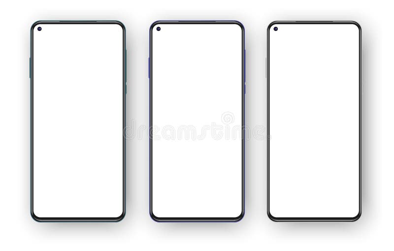 Set of Three Frameless Phones Mockup Isolated on White Background. Left ...