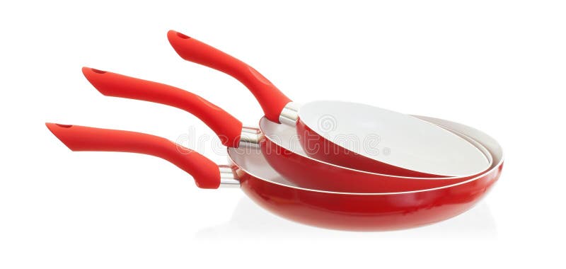 Set of Three Frying Pans, Red Stock Photo - Image of collection, home ...