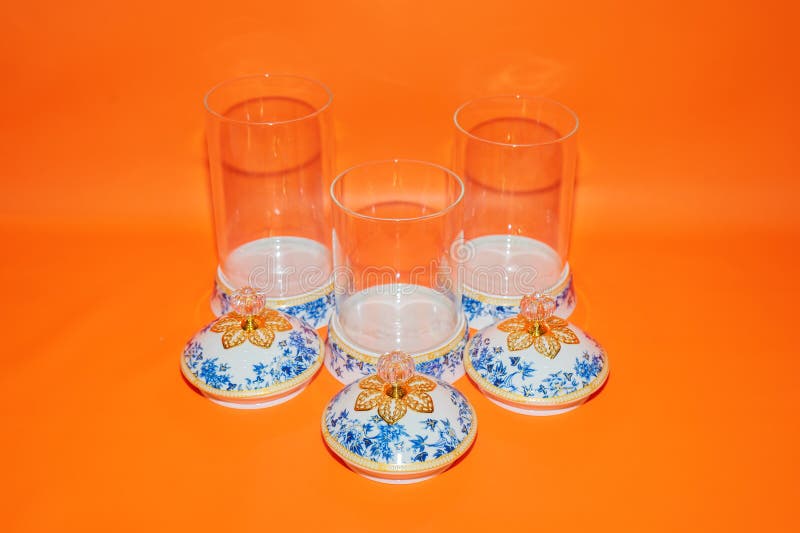 Set of Three Glass Jars with Blue Flower Pattern White Lids Stock Image ...