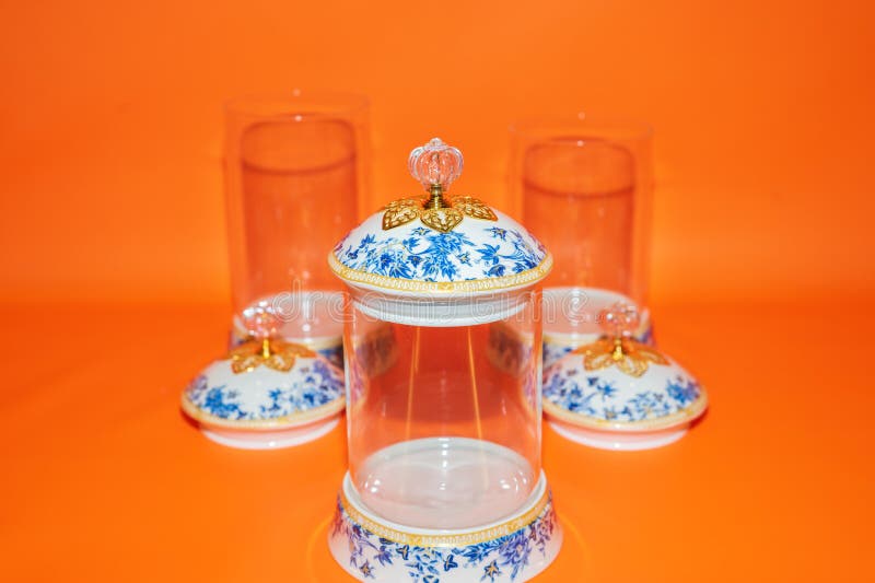 Set of Three Glass Jars with Blue Flower Pattern White Lids Stock Image ...