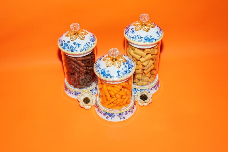 Set of Three Glass Jars with Blue Flower Pattern White Lids Stock Photo ...