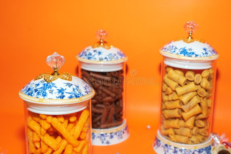 Set of Three Glass Jars with Blue Flower Pattern White Lids Stock Image ...