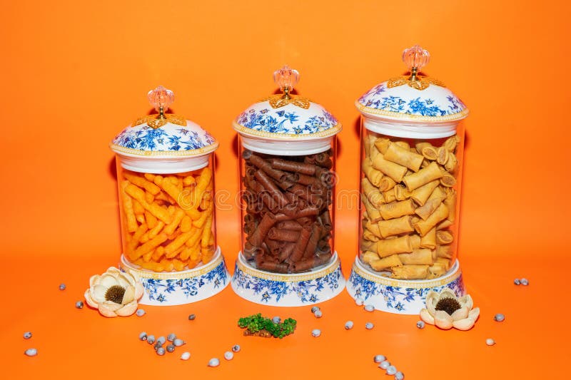 Set of Three Glass Jars with Blue Flower Pattern White Lids Stock Photo ...