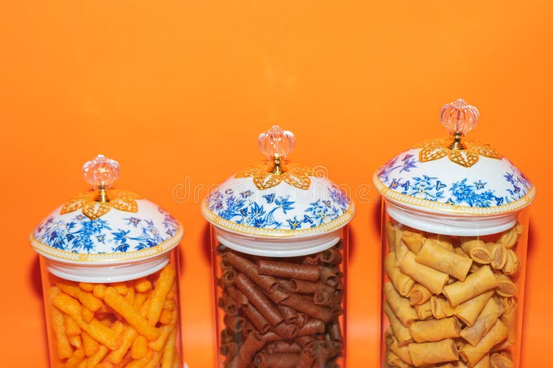 Set of Three Glass Jars with Blue Flower Pattern White Lids Stock Image ...
