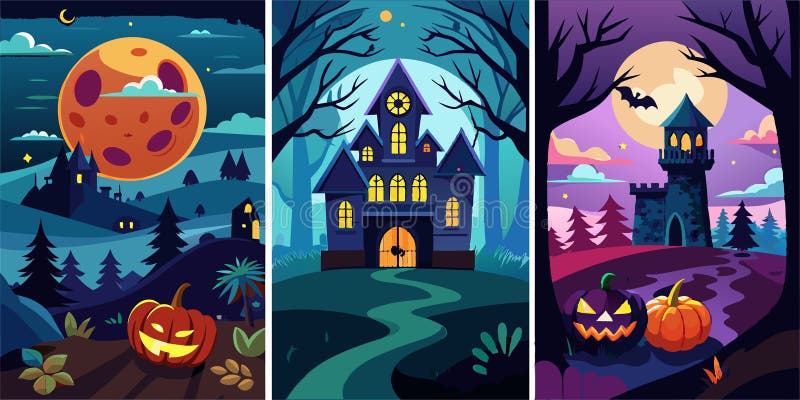 Three Halloween Posters with Pumpkins, a Haunted House, and a Full Moon ...