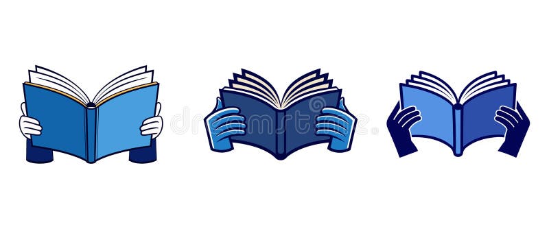 Set of Three Icons, Open Book Held by Hands, Minimalist Style with Blue ...