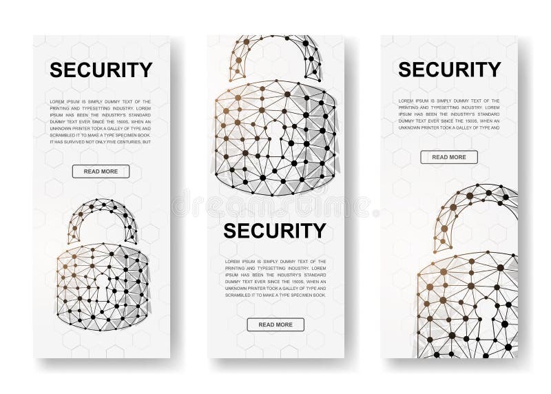 Set of Three Locks Polygonal Vertical Banners. 3d Cyber Security Low ...