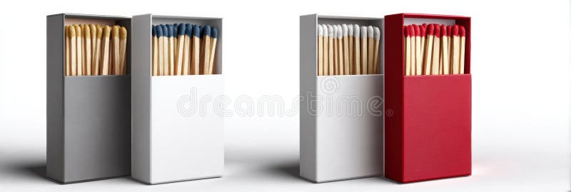 Set of Three Matchbox Mockups in Gray, White, and Red with Matches ...