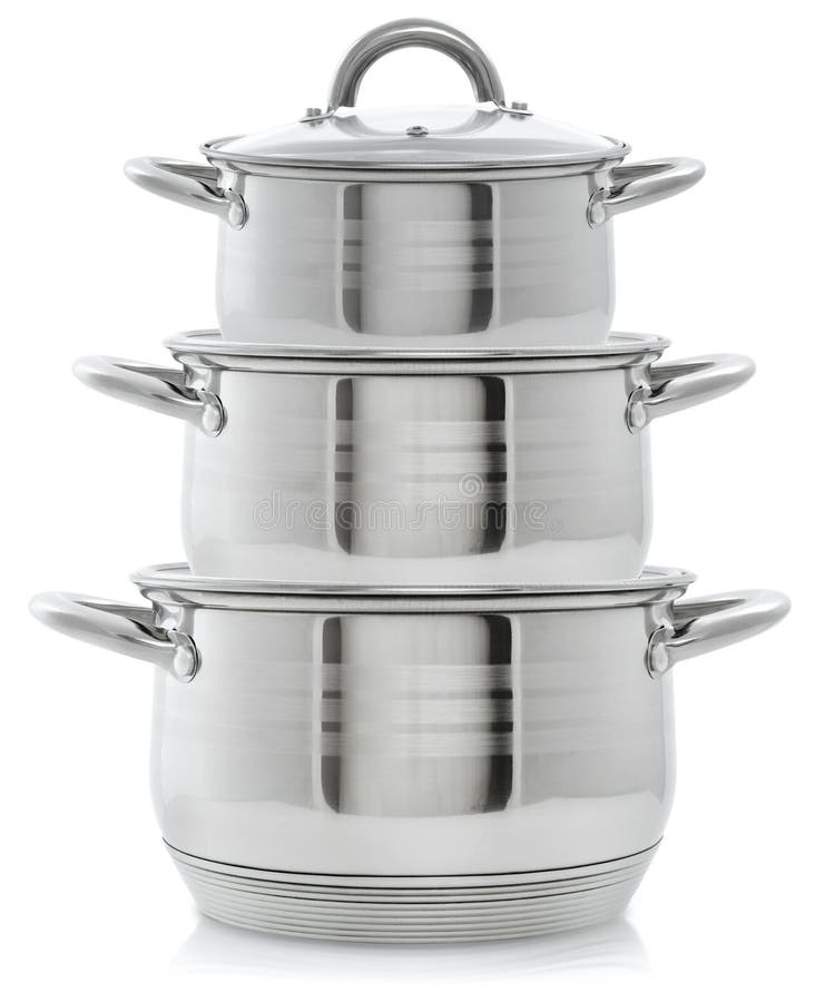 Set of Three Metal Pans, Stack of Pans on White Background Stock Image ...