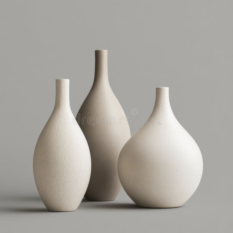 Set of Three Minimalist Ceramic Vases in Varying Heights on a Neutral ...