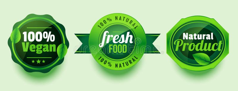Set of Three 100 Natural Organic Product Green Label or Sticker Design ...