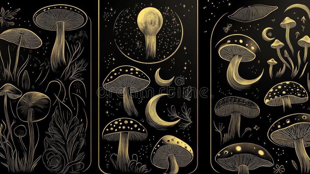 A Set of Three Panels Displaying Various Mushroom Species Stock Image ...