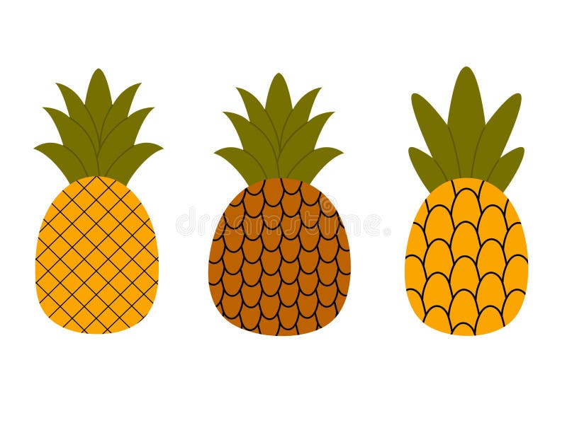 Set of Three Pineapple Fruits in Hand Drawn Style. Tropical Fruit ...