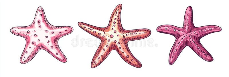 Set of Three Pink Starfish Illustrations on a White Background in a ...