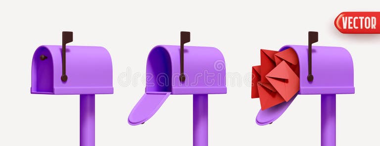 Set of Three Purple Mailboxes Realistic 3d Design, Open Box, Closed and ...