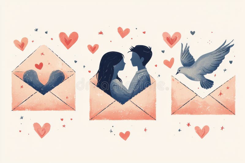Set of Three Romantic Envelope Illustrations Symbolizing Love and ...