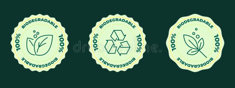 Set of Three Round Biodegradable Icons in Green and Yellow. Vector ...