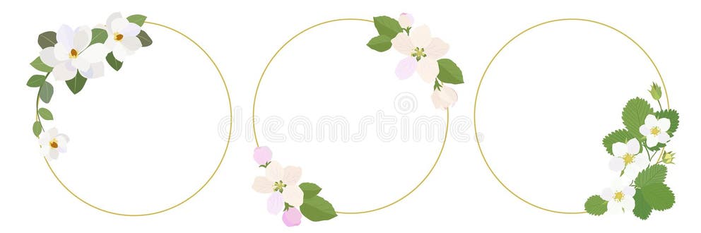 Set of Three Round Golden Frames with Spring Flowers Stock Vector ...