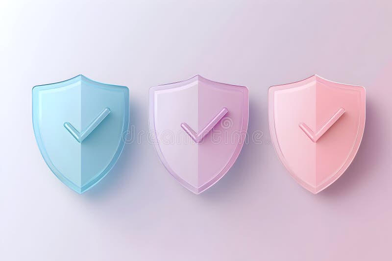 Set of Three Shields with Checkmarks in Blue, Purple, and Pink on Light ...