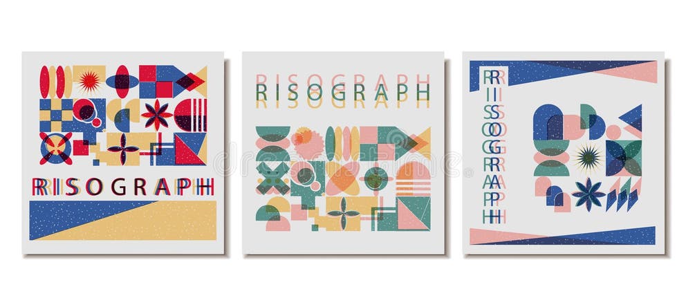 Set of Three Square Risograph Poster Stock Vector - Illustration of ...