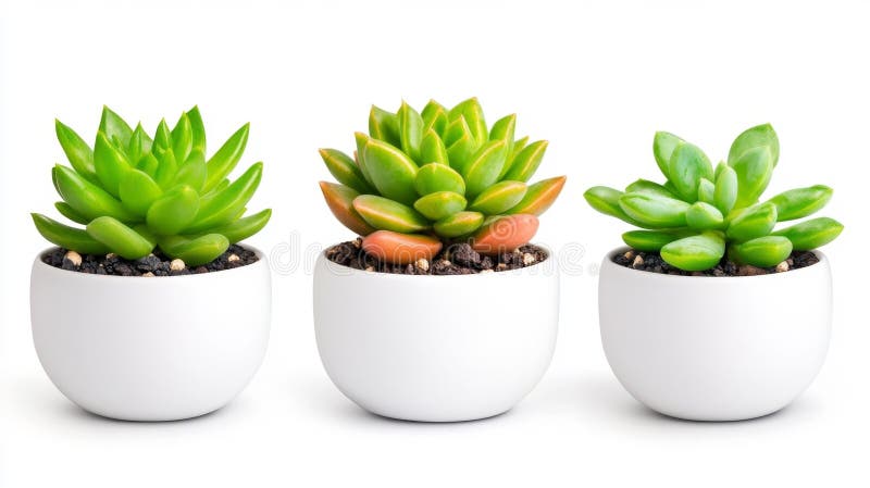 Set of Three Succulent Plants in White Pots Isolated on White ...