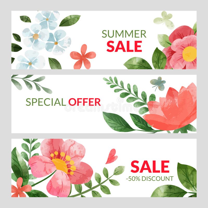 Set of Three Summer Banners with Red Watercolor Florals Stock Vector ...