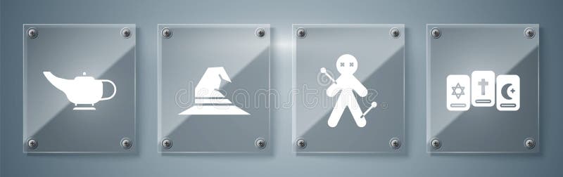 Set Three Tarot Cards, Voodoo Doll, Witch Hat and Magic Lamp or Aladdin ...