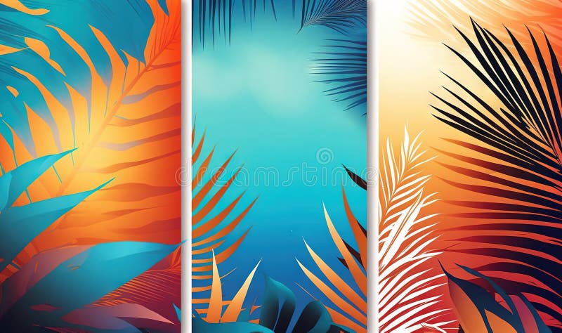 A Set of Three Tropical Banners with Palm Leaves on a Blue Background ...