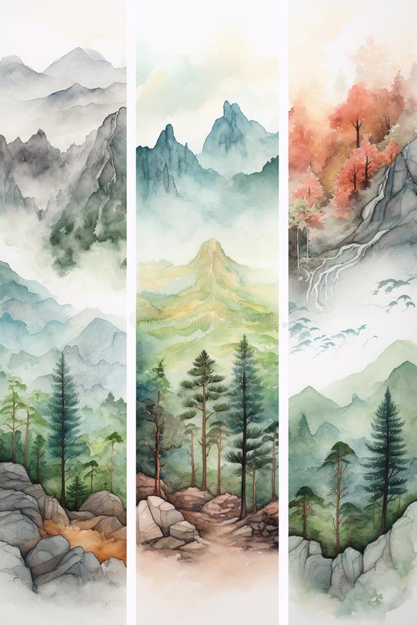 Set of Three Vertical Artwork with Mountains and Forest in Watercolor ...