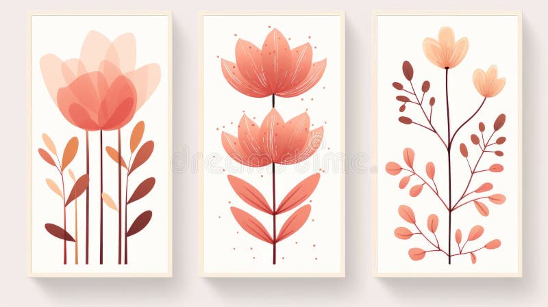 Set of Three Vertical Banners with Abstract Flowers and Leaves ...