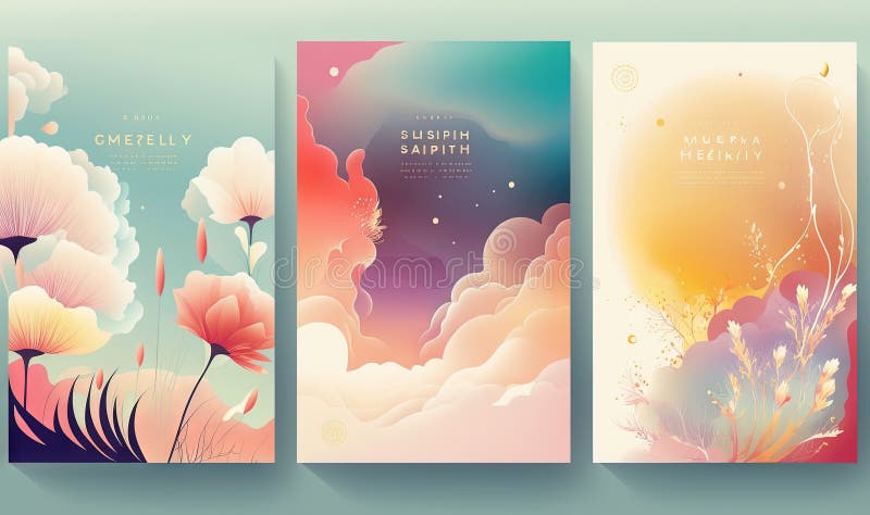 A Set of Three Vertical Banners with Flowers and Clouds in the Sky ...