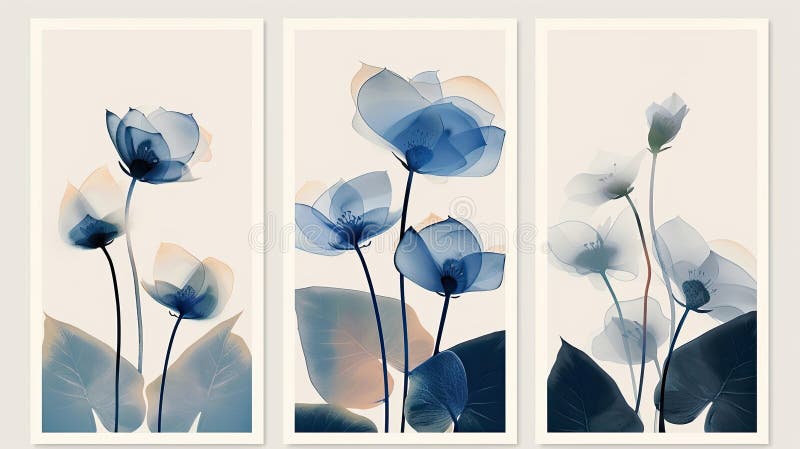 Set of Three Vertical Posters with Abstract Blue Flowers on White ...