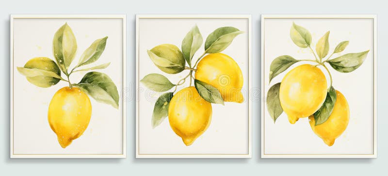 Set of Three Watercolor Paintings of Lemons on a White Background Stock ...