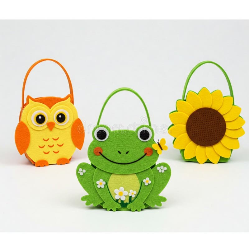 Whimsical Owl, Frog, and Sunflower Easter Baskets Stock Illustration ...