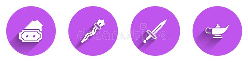 Set Ticket, Magic Staff, Dagger and Lamp or Aladdin Icon with Long ...