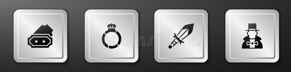 Set Ticket, Magic Stone Ring with Gem, Medieval Sword and Magician Icon ...