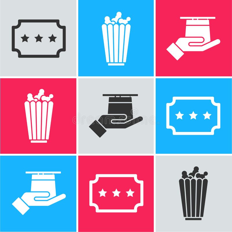 Set Ticket, Popcorn in Box and Magician Hat in Hand Icon. Vector Stock ...