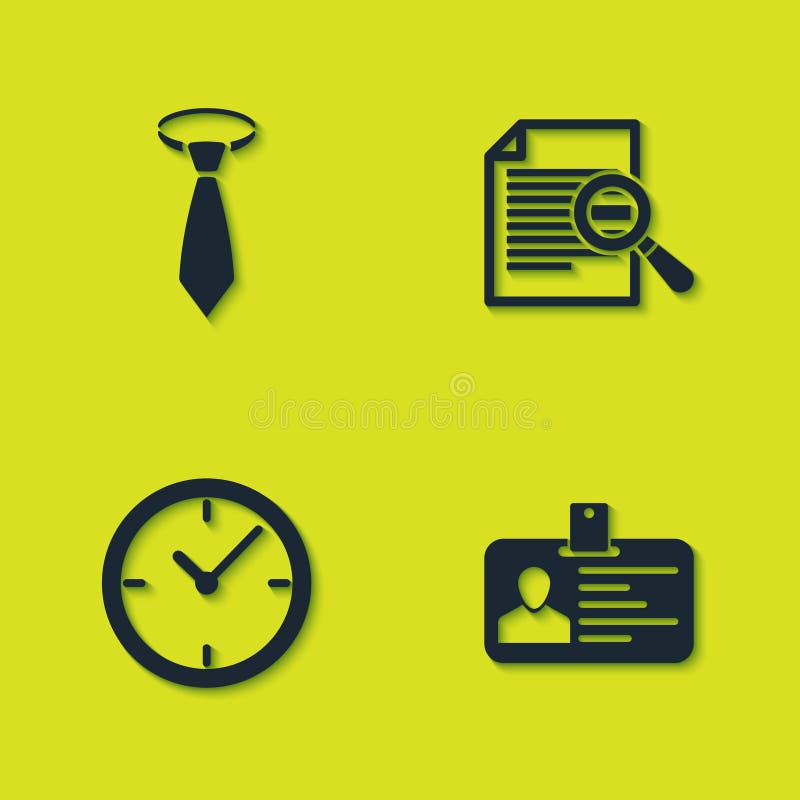 Set Tie, Identification Badge, Clock and Document with Search Icon ...