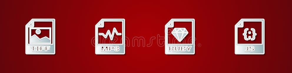 Set TIFF File Document, MP3, RUBY and JS Icon. Vector Stock Vector - Illustration of code ...