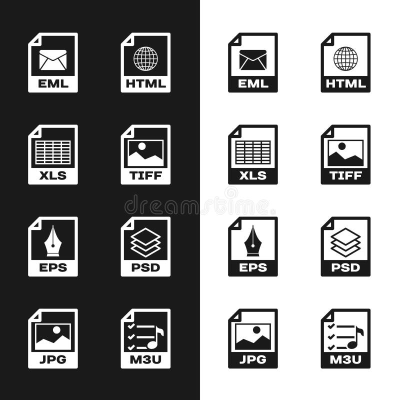 Set TIFF File Document, XLS, EML, HTML, EPS and PSD Icon. Vector Stock ... Set TIFF File Document, XLS, EML, HTML, EPS and PSD Icon. Vector Stock ...