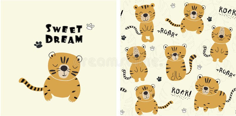 Set of Tiger Print and Seamless Pattern with Cute Tigers.vector ...