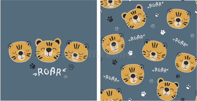 Set of Tiger Print and Seamless Pattern with Cute Tigers.vector Illustreation Stock Illustration ...